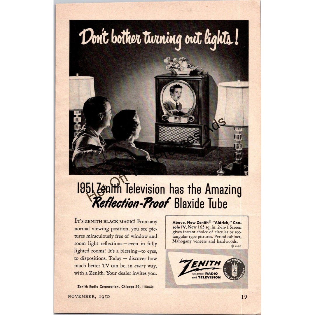 1950 Zenith Television Ad – “reflection-proof Blaxide Tube” – Retro ...