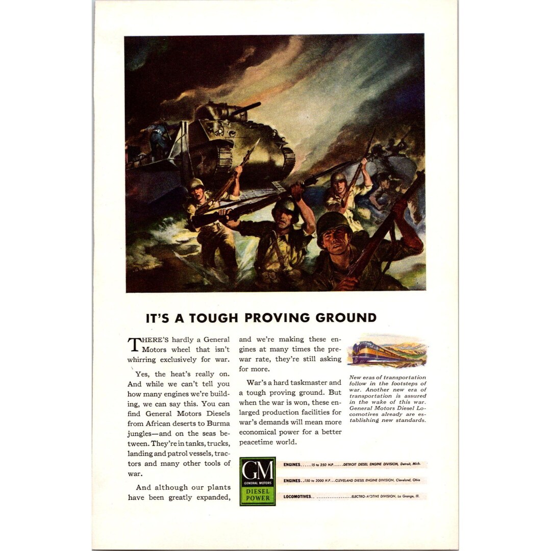 1940s WWII General Motors Diesel Engine Print Ad • "it’s a Tough ...
