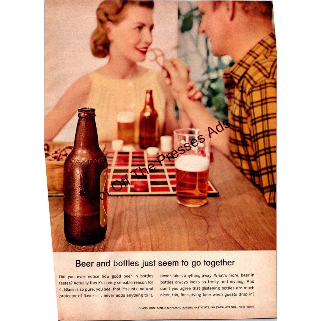 Vintage 1950s Beer Bottle Ad – Frosty Glass Beer With Couple Playing ...