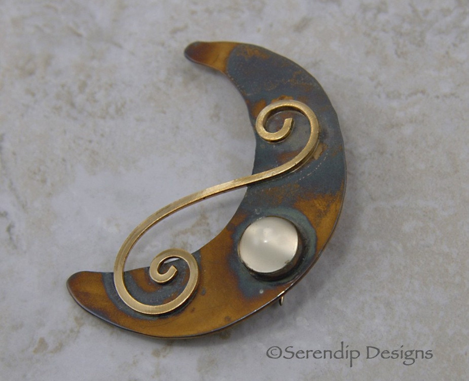 Crescent Moon Brooch With Moonstone, Patina Sterling Silver Moon Pin ...
