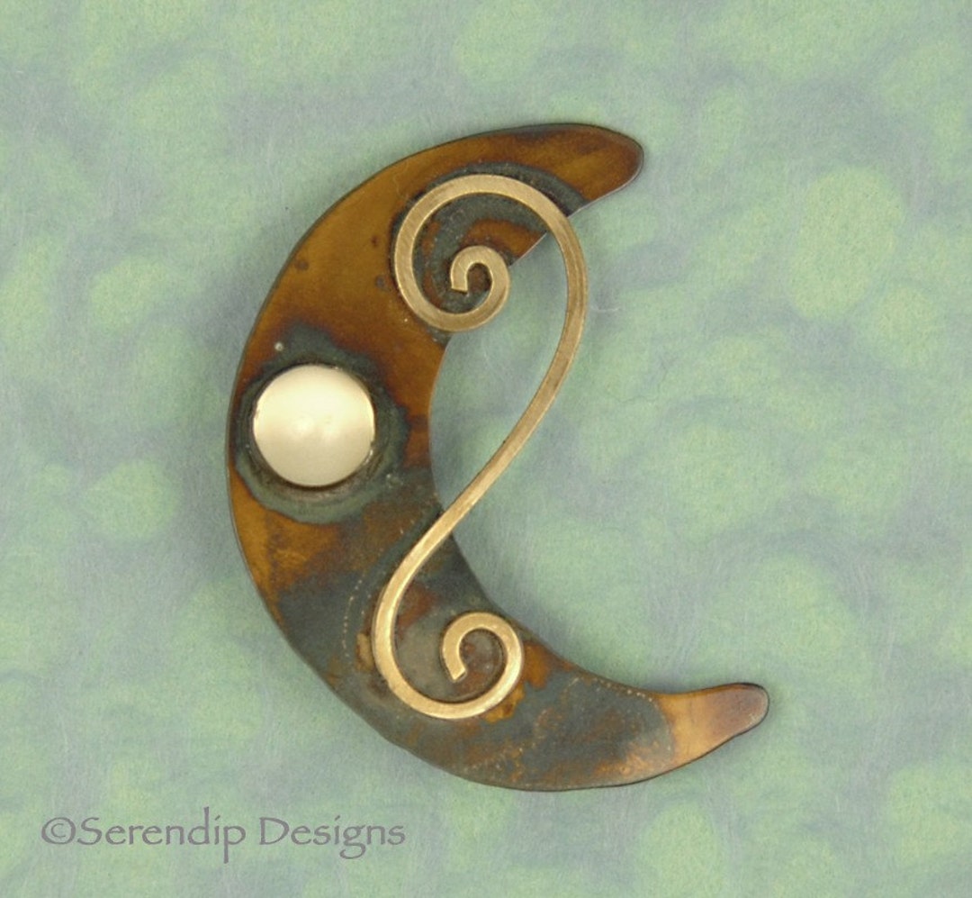 Crescent Moon Brooch With Moonstone, Patina Sterling Silver Moon Pin ...