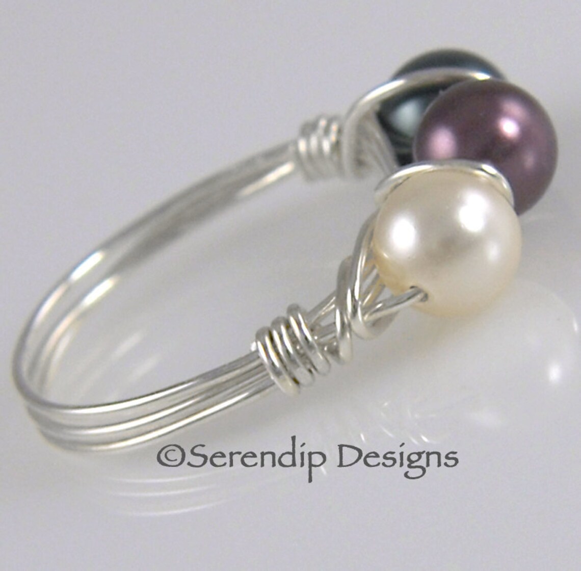 Silver Wrapped Wire Pearl Ring Three Swarovski Pearls Cream - Etsy