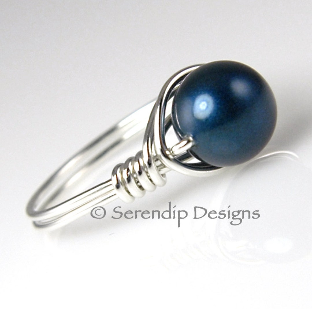 Sterling Silver Metallic Blue Pearl Ring, Argentium Silver Wire Wrapped ...