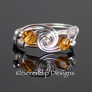 Wire Wrapped Twist Ring, Argentium Sterling Silver Swarovski Amber ...