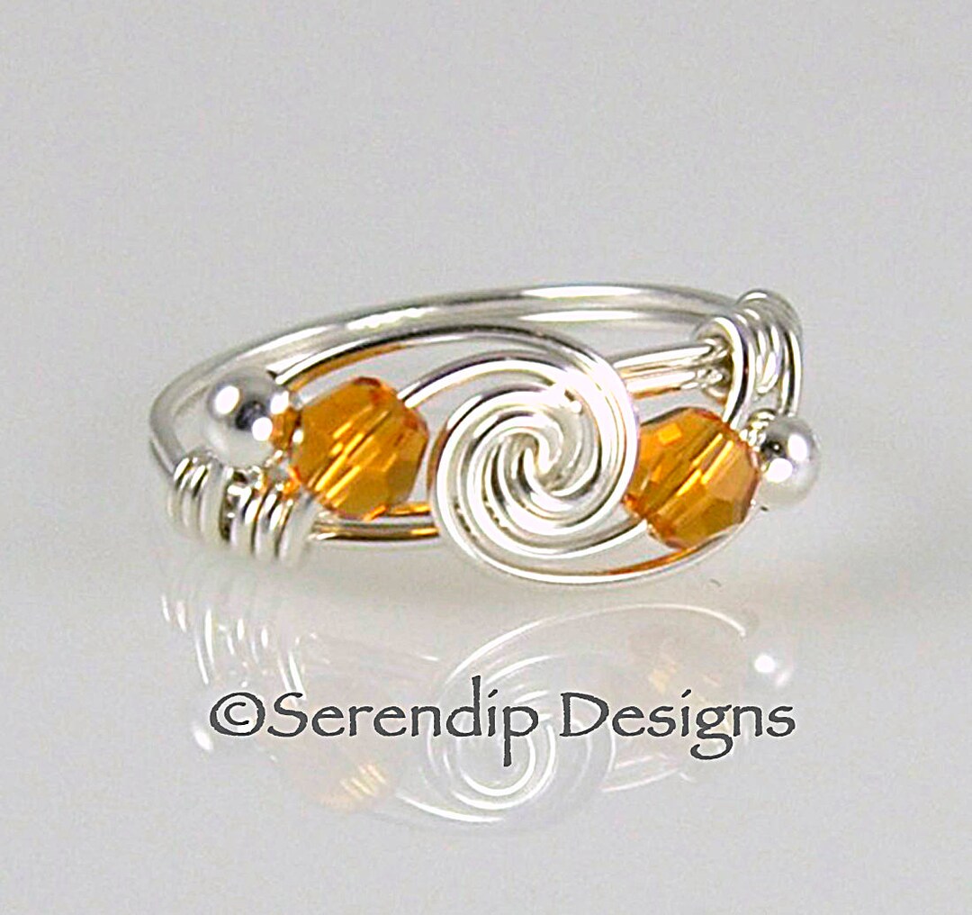 Wire Wrapped Twist Ring, Argentium Sterling Silver Swarovski Amber ...