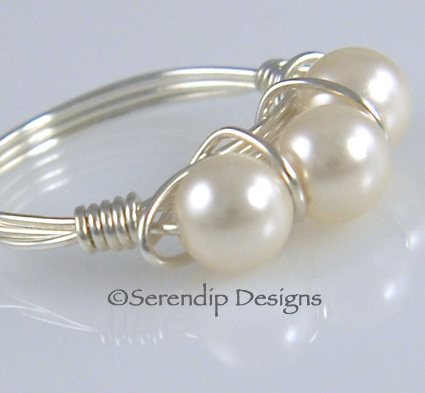 Silver Wrapped Wire Pearl Ring Three Swarovski Pearl Ring - Etsy