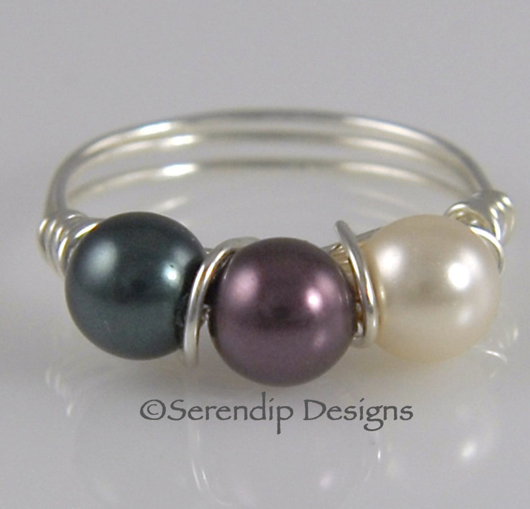 Silver Wrapped Wire Pearl Ring, Three Swarovski Pearls Cream, Burgundy ...