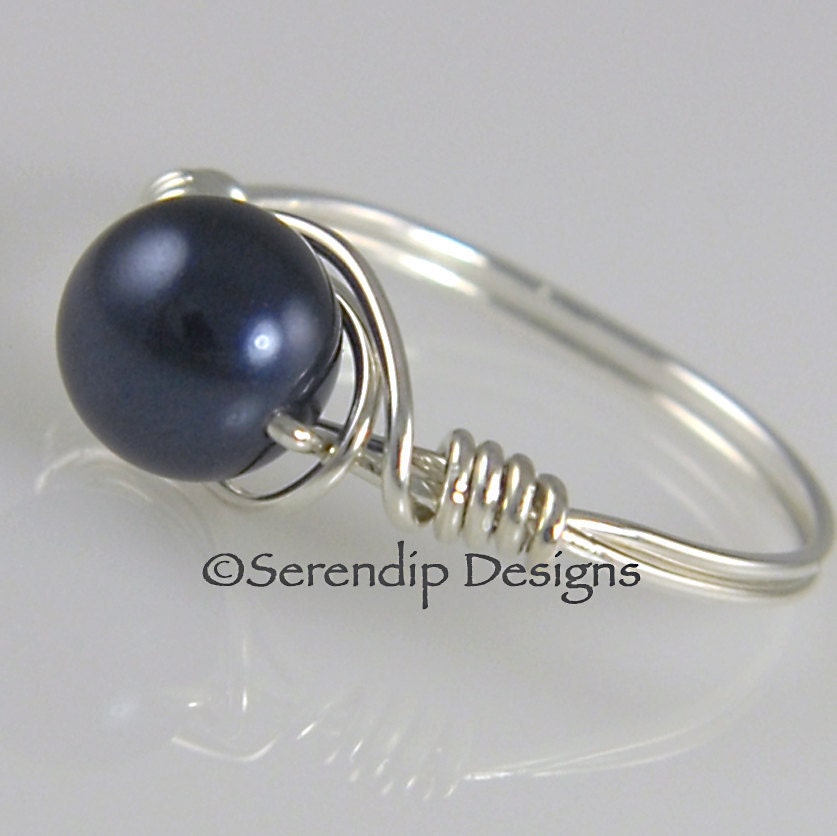 Midnight Blue Pearl Ring, Wire Wrapped Argentium Sterling Silver Deep ...