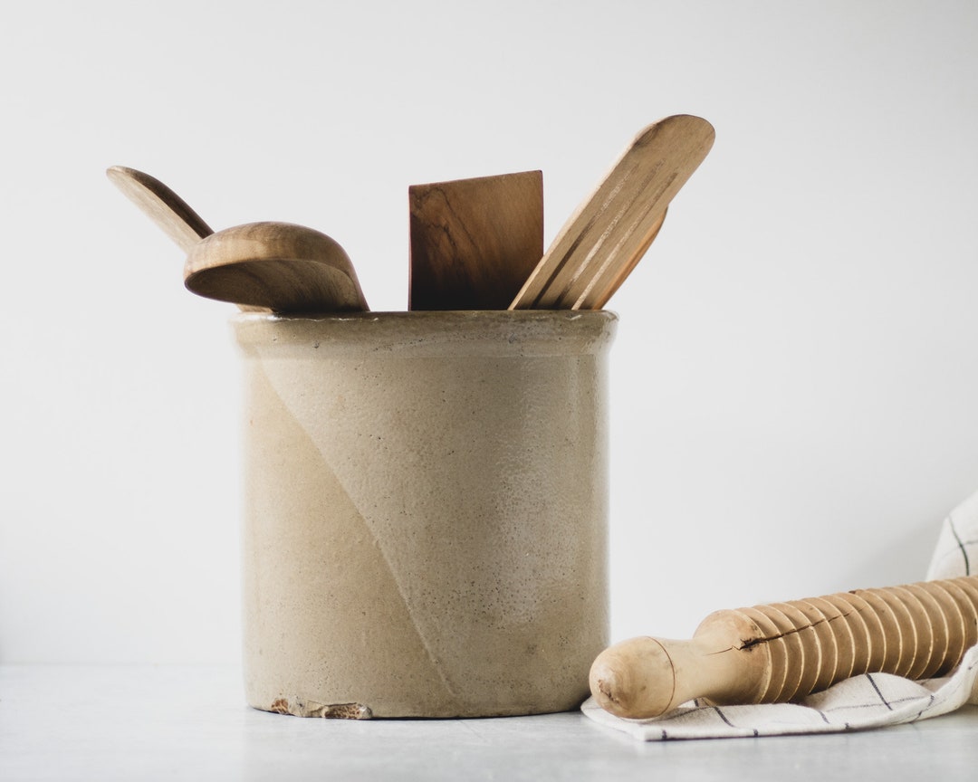 Modern Farmhouse Kitchen Utensil Holder, Salt Glazed Crock, Rustic ...