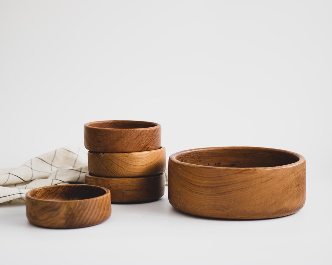 Vintage 5-piece Dolphin Teak Wood Salad Bowl Set, Organic Modern ...