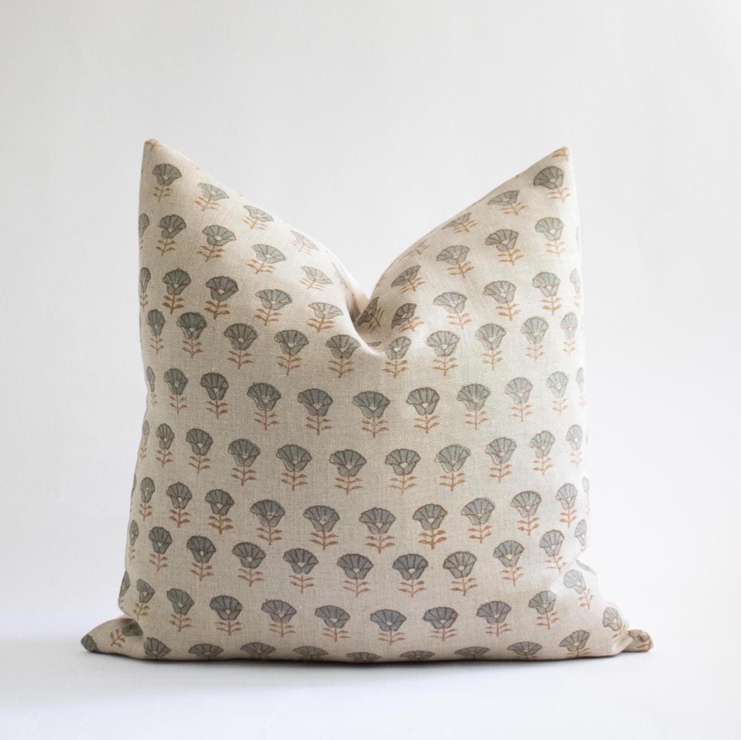 Blue Floral Block Print Pillow Cover: Linen Decorative Cushion | NOORI ...