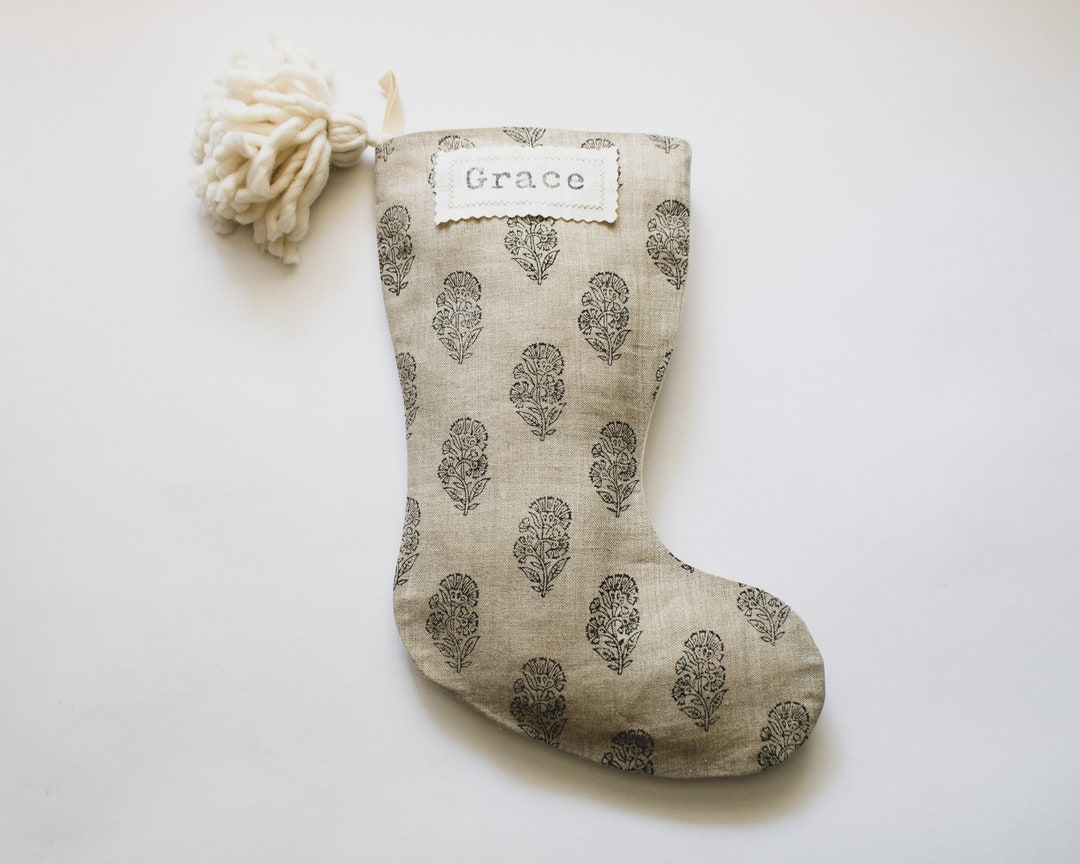 Neutral Linen Christmas Stockings, Beige and Black Block Printed ...