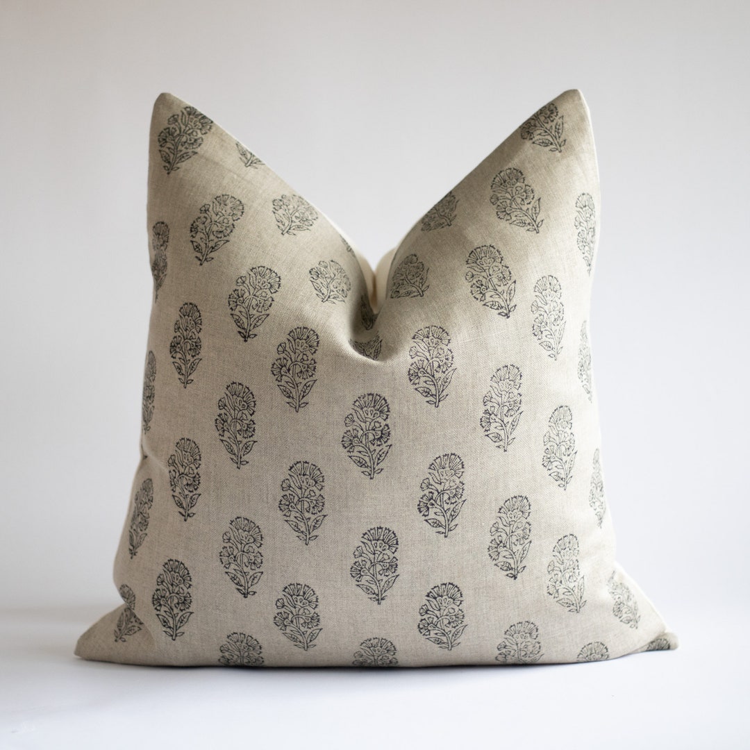 Beige and Black Floral Block Printed Pillow Cover, Modern Farmhouse ...