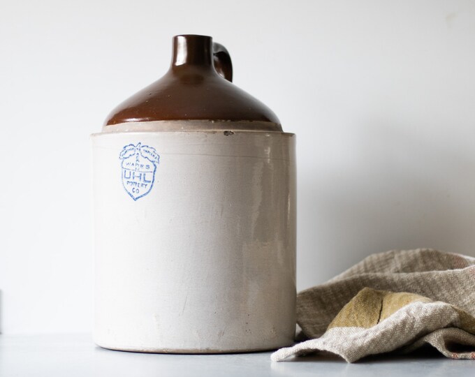 Large Antique Stoneware Whiskey Jug, UHL Pottery Jug, 2 Gallon Jug ...