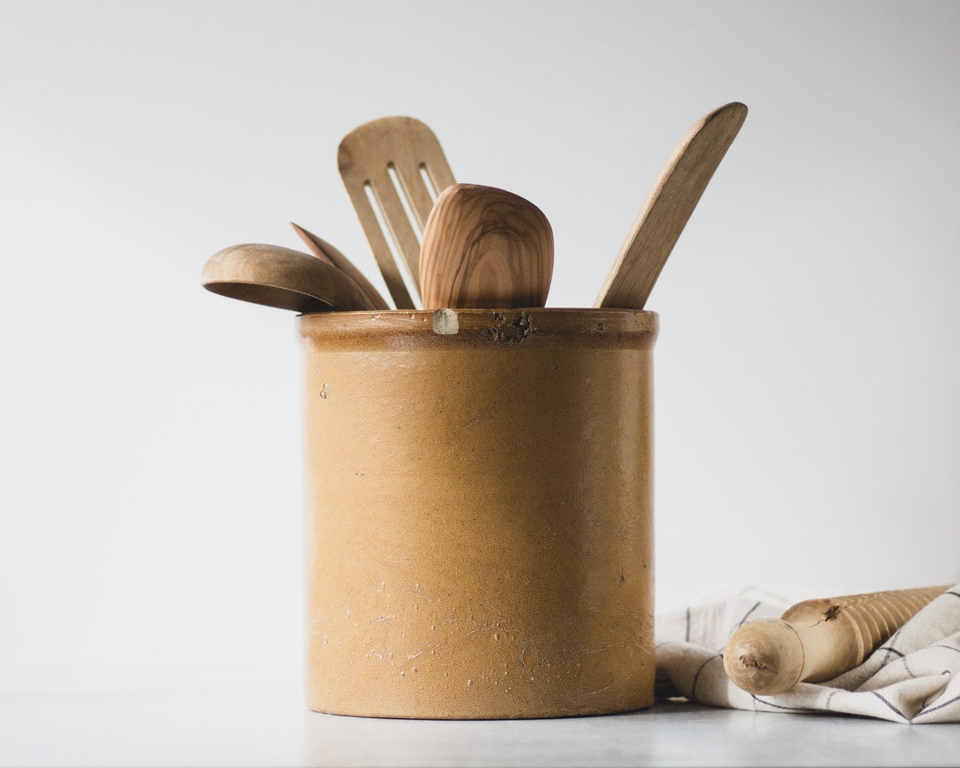 Modern Farmhouse Kitchen Utensil Holder, Salt Glazed Crock, Rustic ...