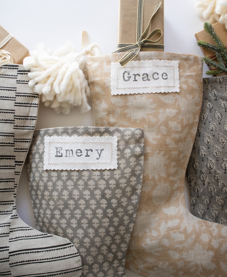 Neutral Christmas Stocking, Grey Linen Stockings, Indian Block Print ...