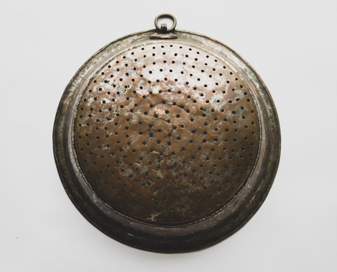 Large Antique French Copper Colander, Rustic Farmhouse Wall Hanging ...