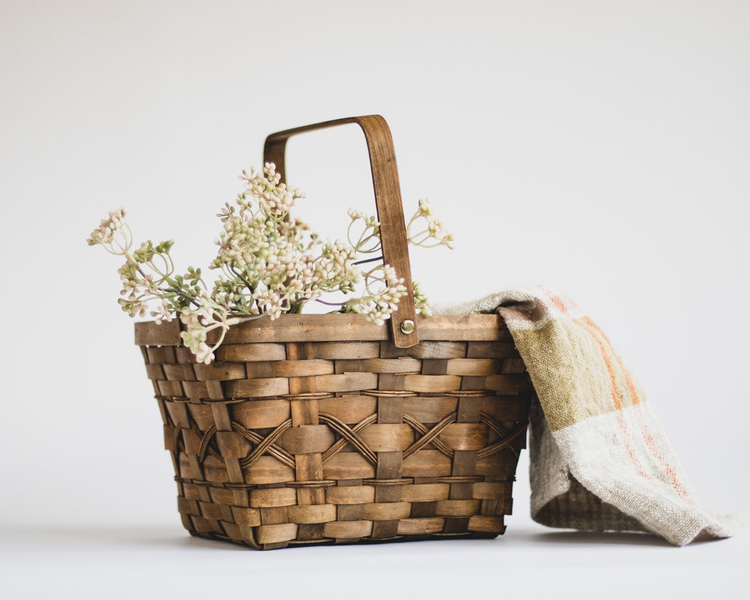 Vintage Split Wood Picnic Basket With Handle, Natural Wicker Farmhouse ...