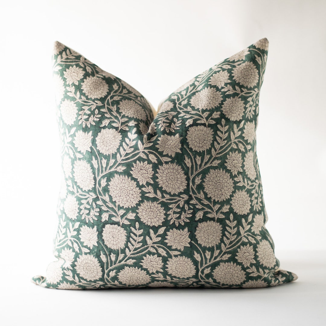 Dark Green Block Print Cushion Cover, Designer Hand Block Floral Pillow ...