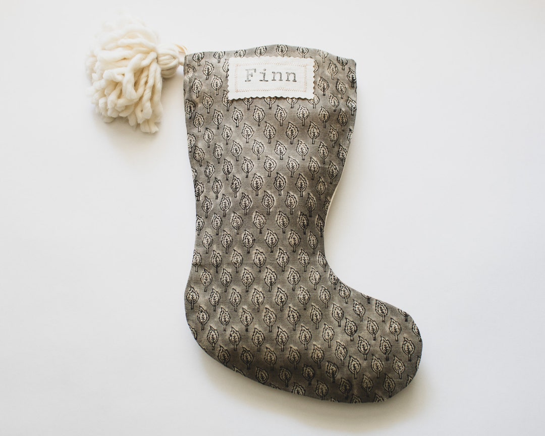 Gray Blockprint Christmas Stockings, Vintage Inspired Holiday Stocking ...