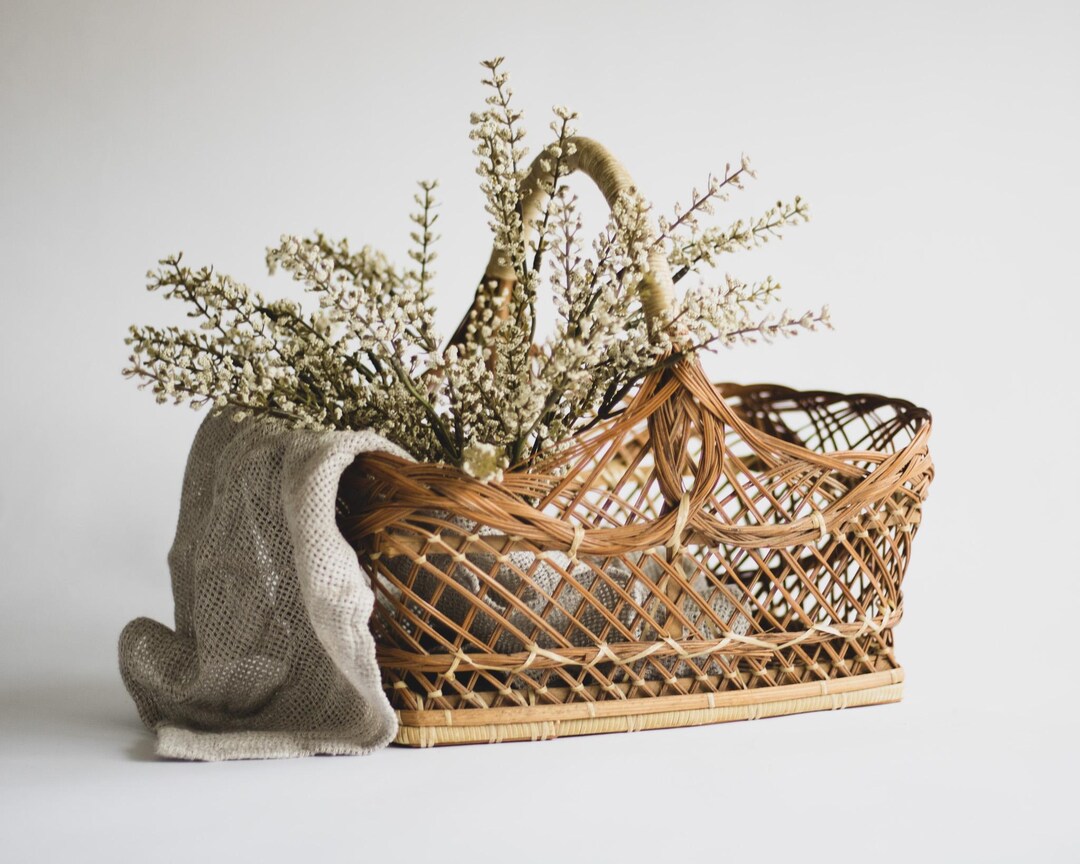 Vintage Asian Gathering Basket With Handle, Farmhouse Harvest Basket ...