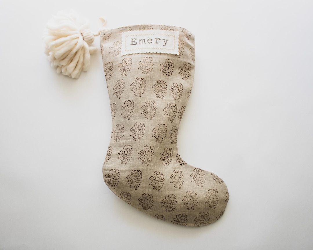 Rust Floral Block Print Christmas Stockings Personalized, Neutral ...