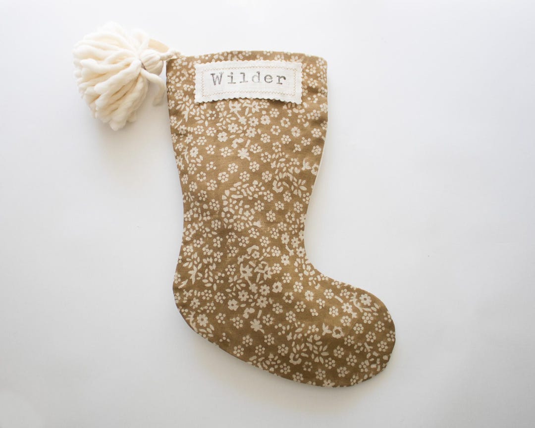 Khaki Blockprinted Christmas Stocking, Neutral Linen Hand Blocked ...