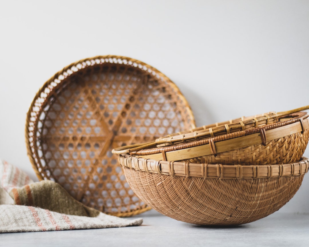 Assorted Asian Winnowing Baskets, Bamboo Basket Bowl, Wicker Herb ...