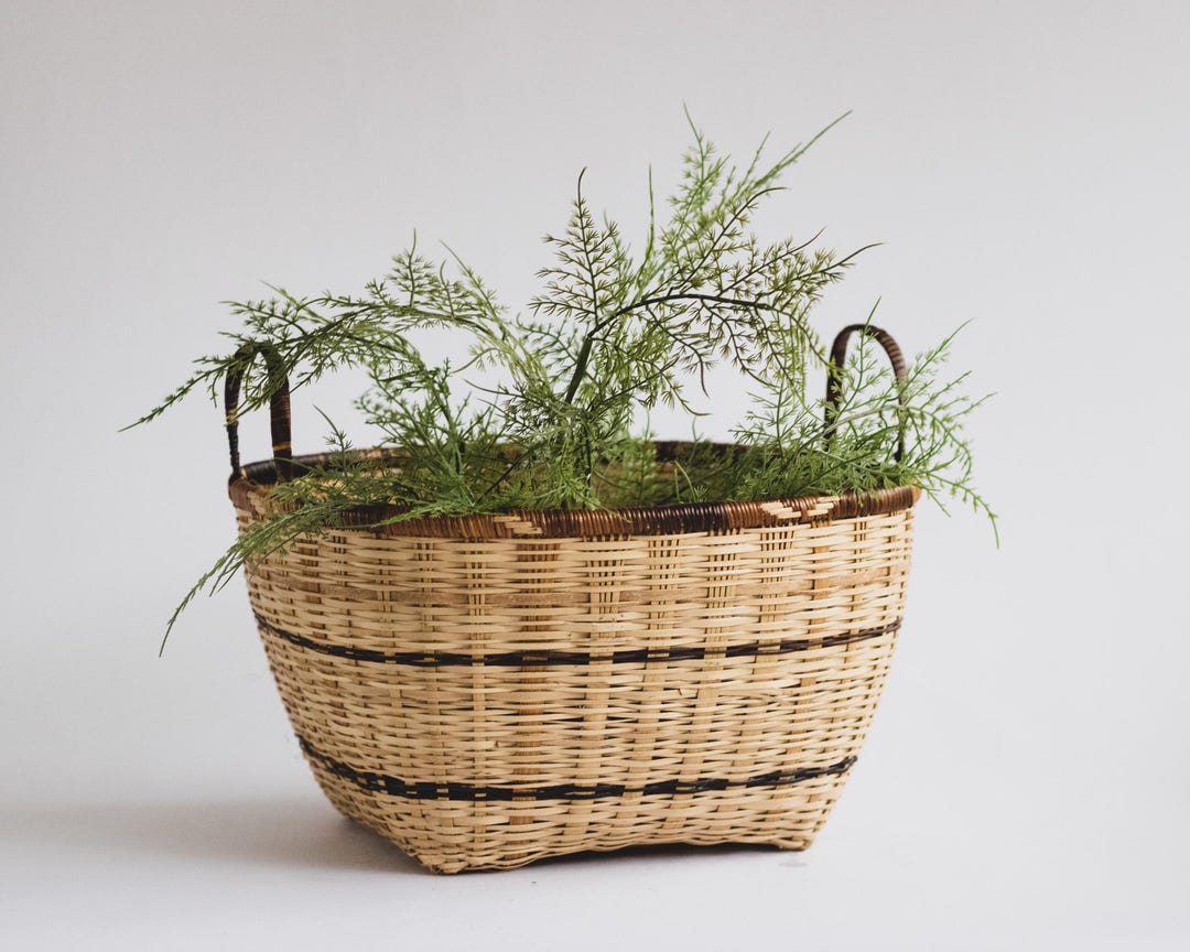 Vintage Bamboo Storage Basket With Handles, Asian Plant Basket, Wicker ...
