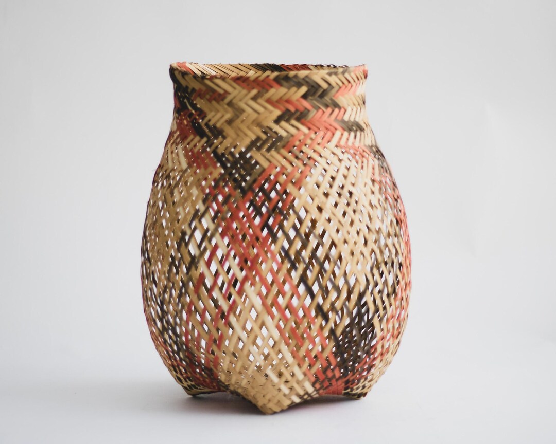Large Elongated Asian Split Bamboo Basket, Black Plaid Basket, Tall ...