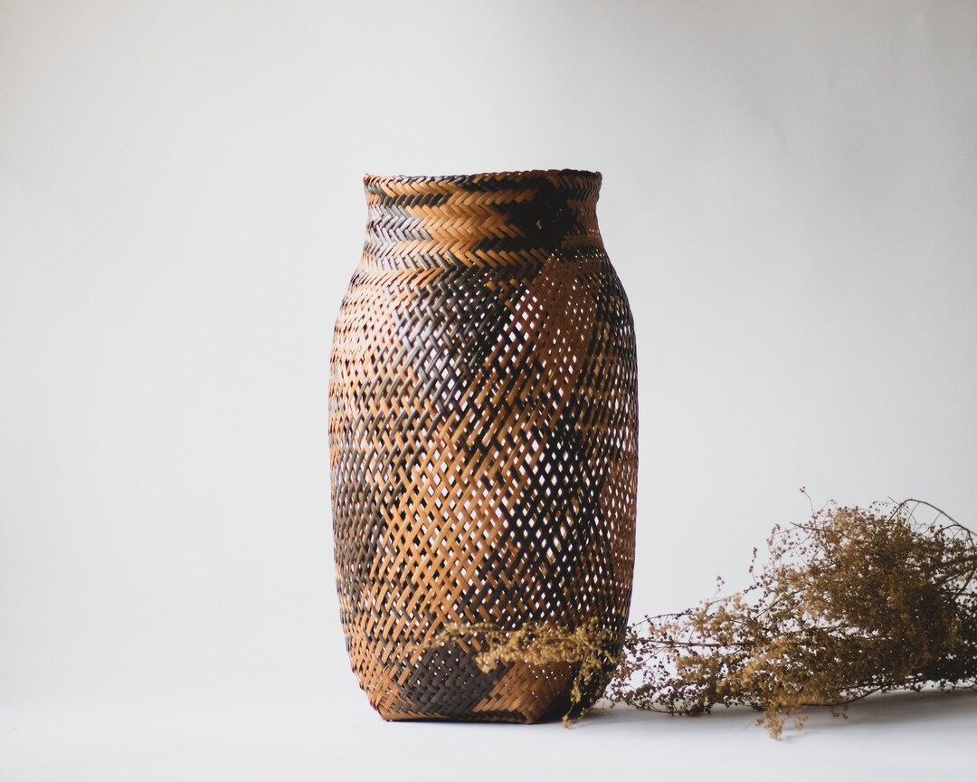 Large Elongated Asian Split Bamboo Basket, Black Plaid Basket, Tall ...