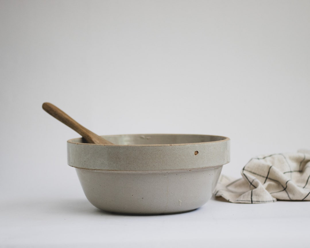 Large Antique Stoneware Mixing Bowl, Beige Ceramic Crock Bowl, Modern ...