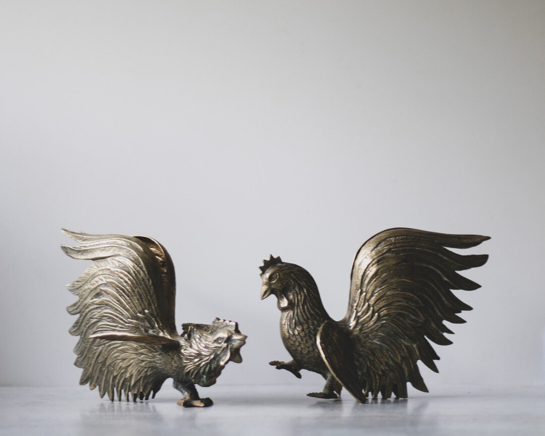 Set of Two MCM Fighting Brass Rooster Figurines, Pair of Vintage Brass ...