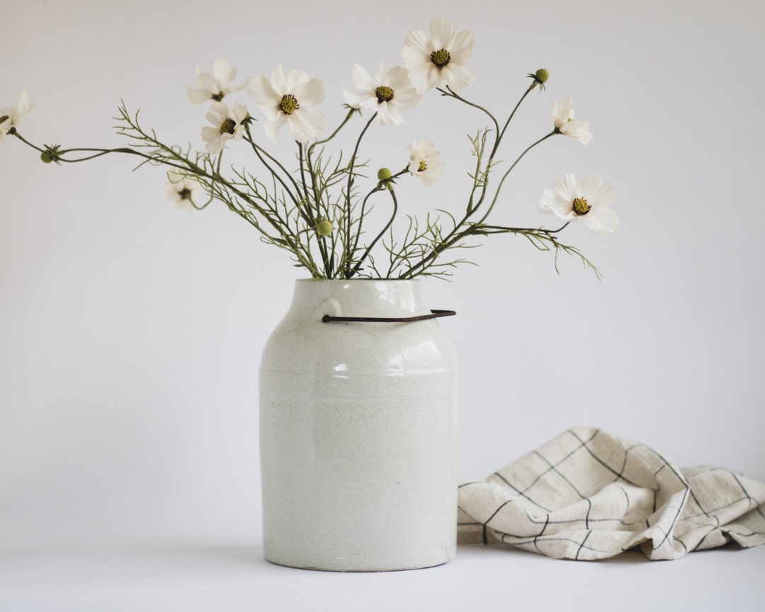 Large Beige Antique Stoneware Crock Jar, Ceramic Canister, Rustic ...
