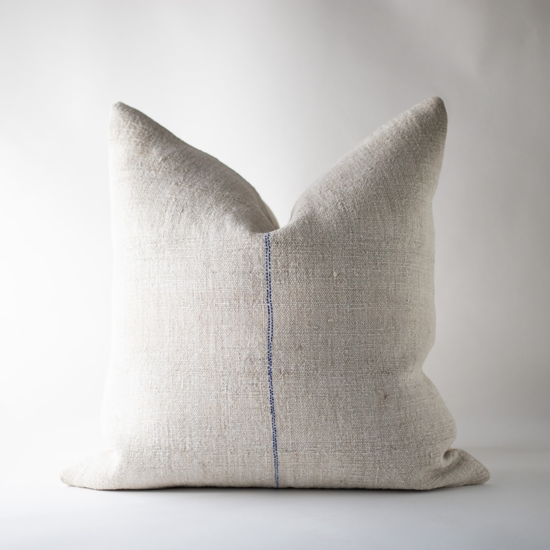 French Grain Sack Throw Pillow Cover With Thin Blue Stripes, Designer ...