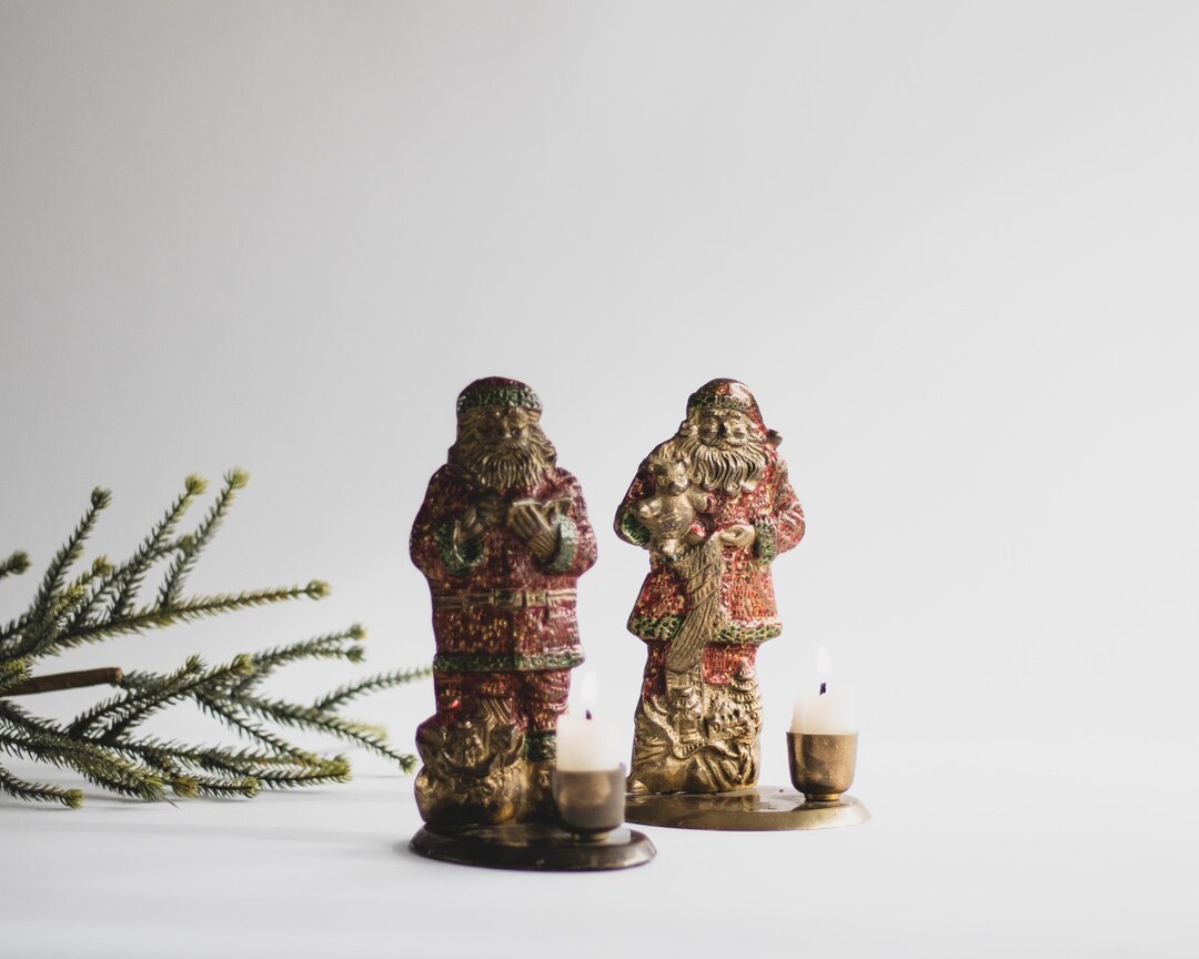 Pair of Red and Green Brass Santa Claus Candlesticks, Traditional ...