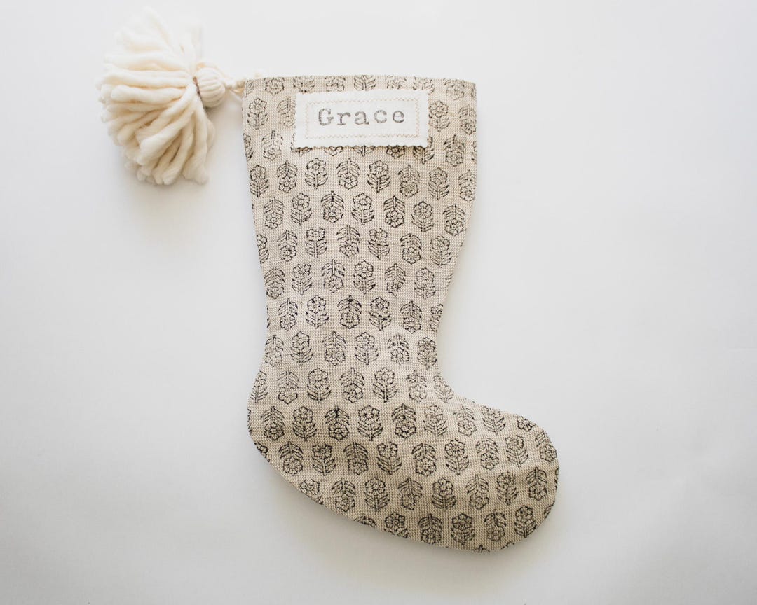 Beige and Black Linen Christmas Stocking, Neutral Block Printed ...