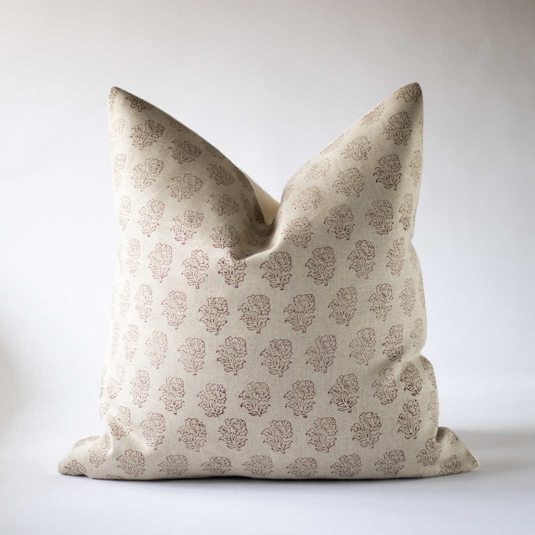 Linen Hand Block Pillow Cover, Rust Floral Block Printed Pillow ...