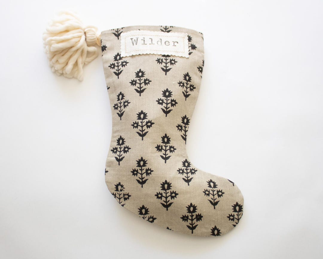 Black Blockprint Christmas Stockings, Neutral Block Printed Stocking ...