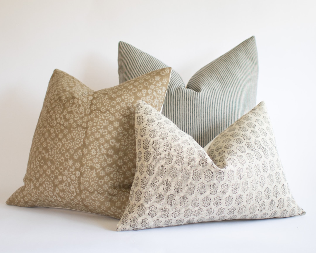 Block Printed Throw Pillow Cover Combination Set, Neutral Couch Pillow ...