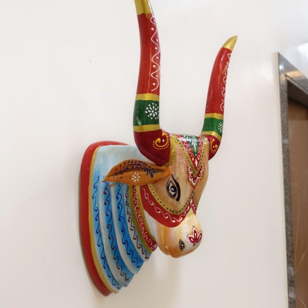 Hand-painted Wooden Big Cow Head Wall Decor – Indian Handicraft Wall ...