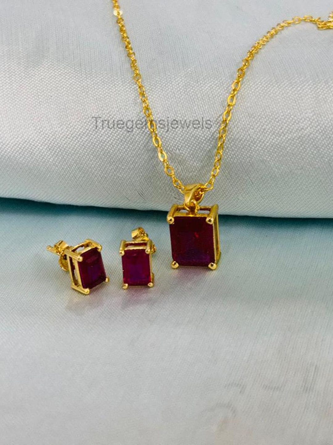 Emerald Cut Ruby Necklace and Stud Earrings: 14K Gold Plated Set - Etsy