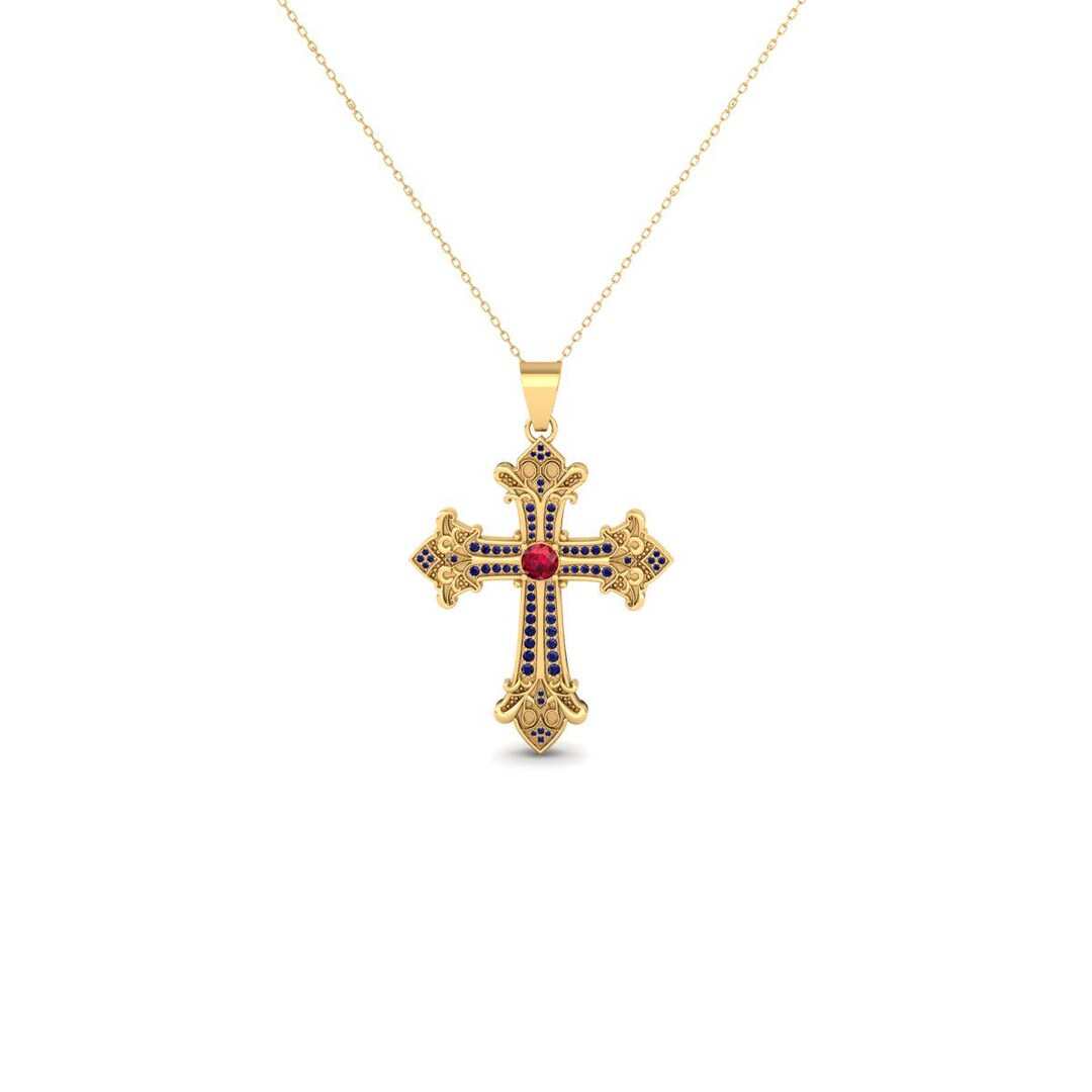 Filigree Cross Necklace: 14K Gold Plated Red & Blue Stone Pendant - Etsy