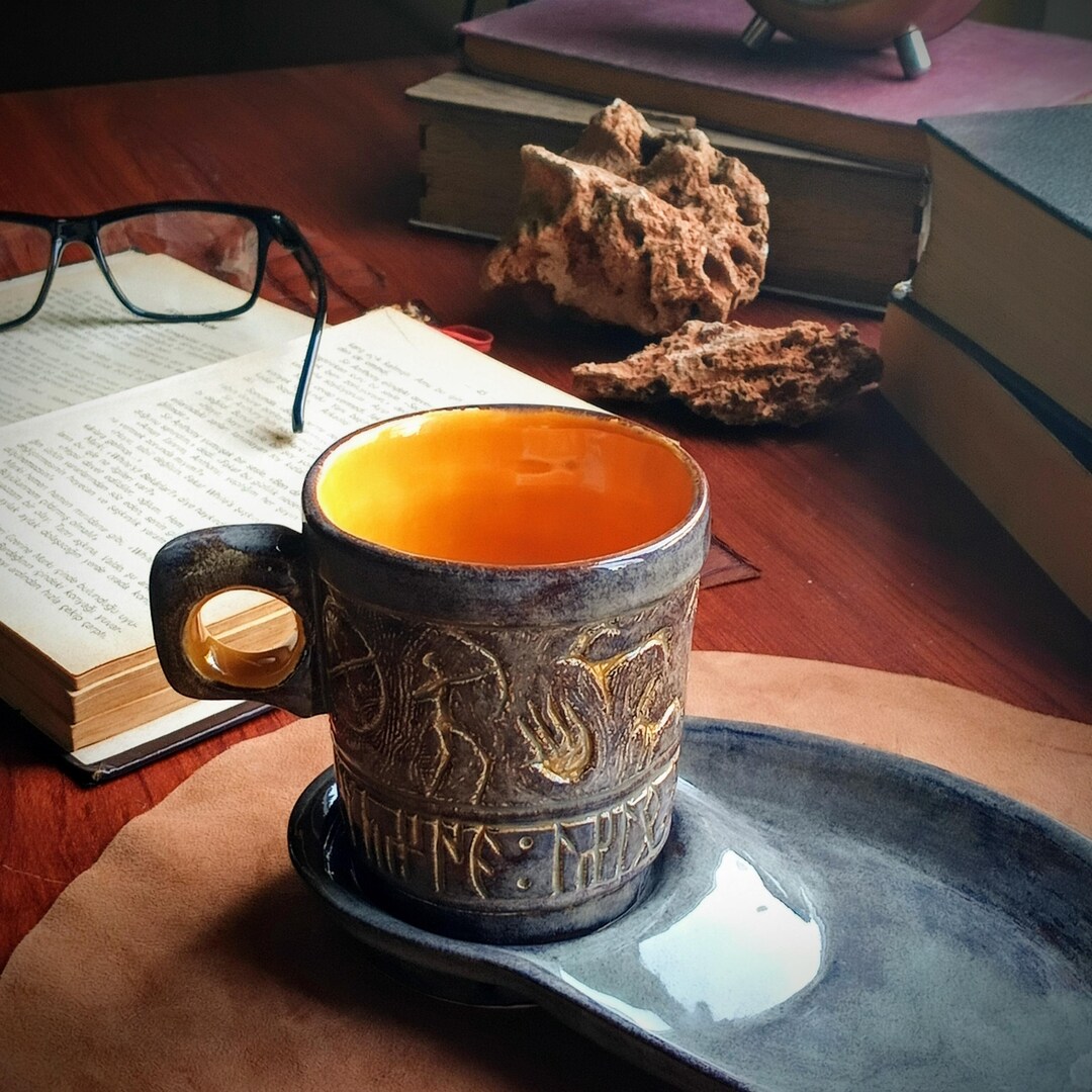Handmade Runic Coffee Mug: Ancient Turkish Hunting Prayer, Orange Glaze ...