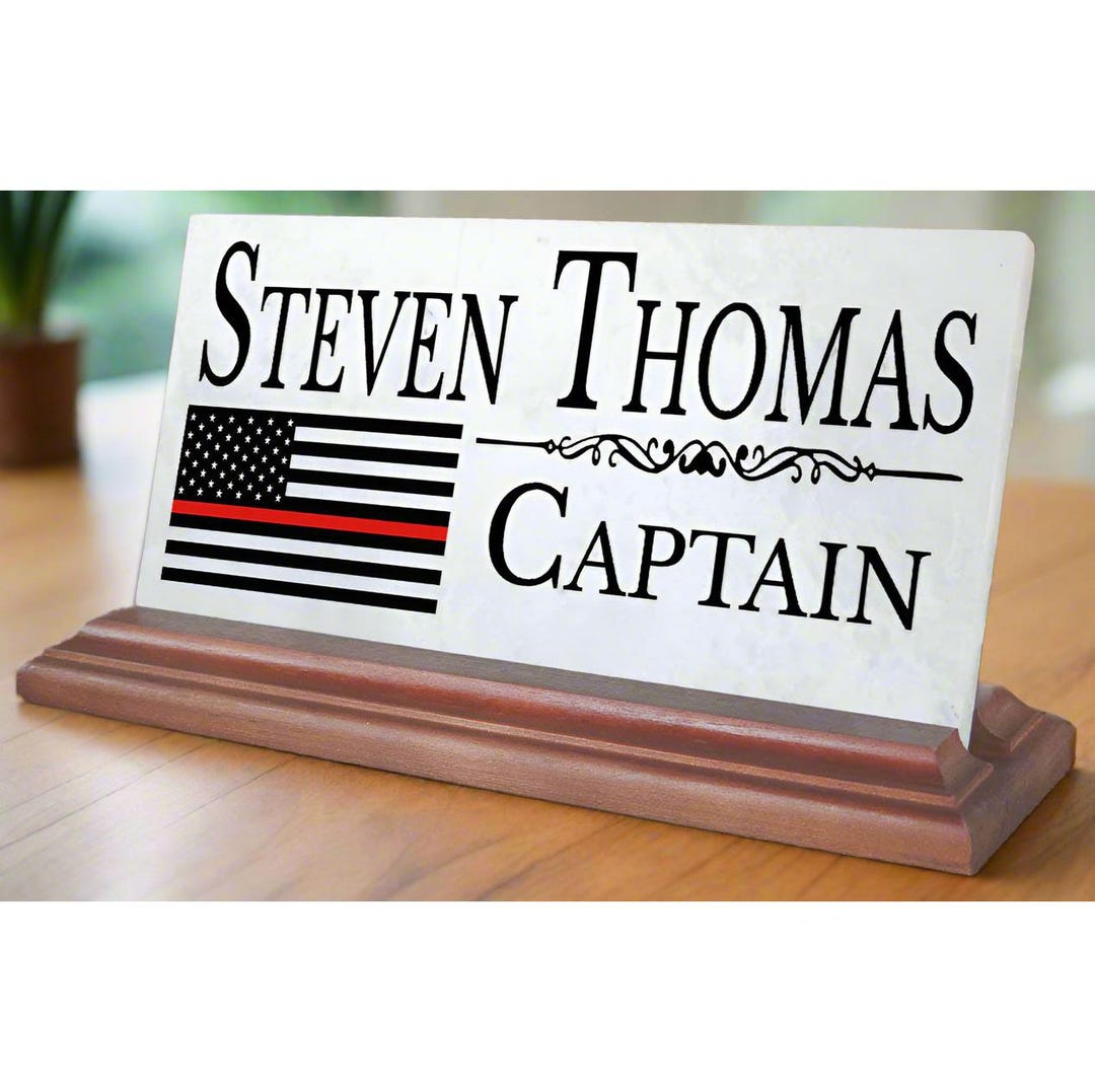 Personalized Firefighter Marble Desk Nameplate: Thin Red Line Flag Gift ...