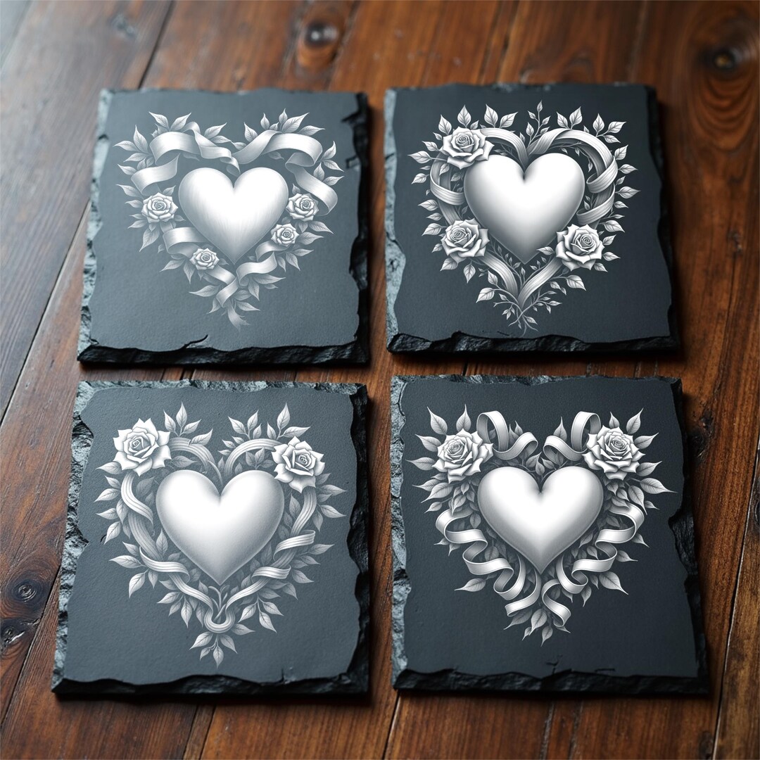 Set of 4 Heart With Flowers – Laser Engraving Files – White on Black ...