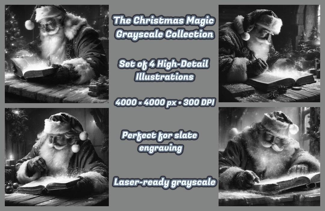Christmas Magic Grayscale Collection – Set of 4 High-detail Santa ...