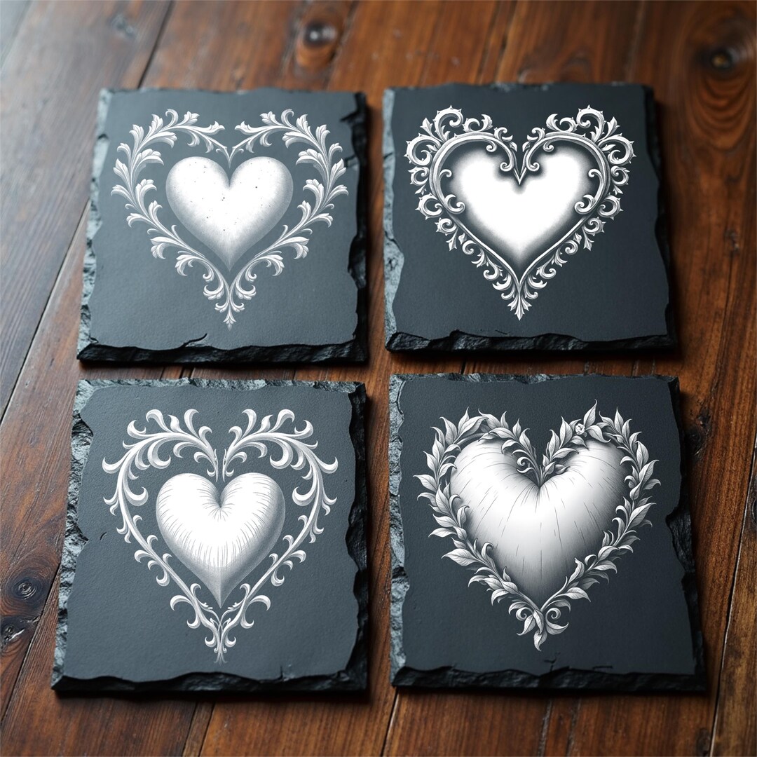 Set of 4 Ornamental Heart – Laser Engraving Files – White on Black ...