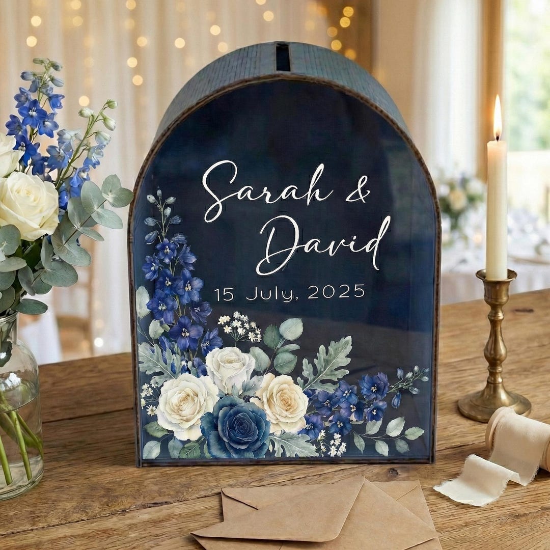 Blue Wildflower Wedding Card Box, Arched Acrylic Gift Box, Boho Wedding ...