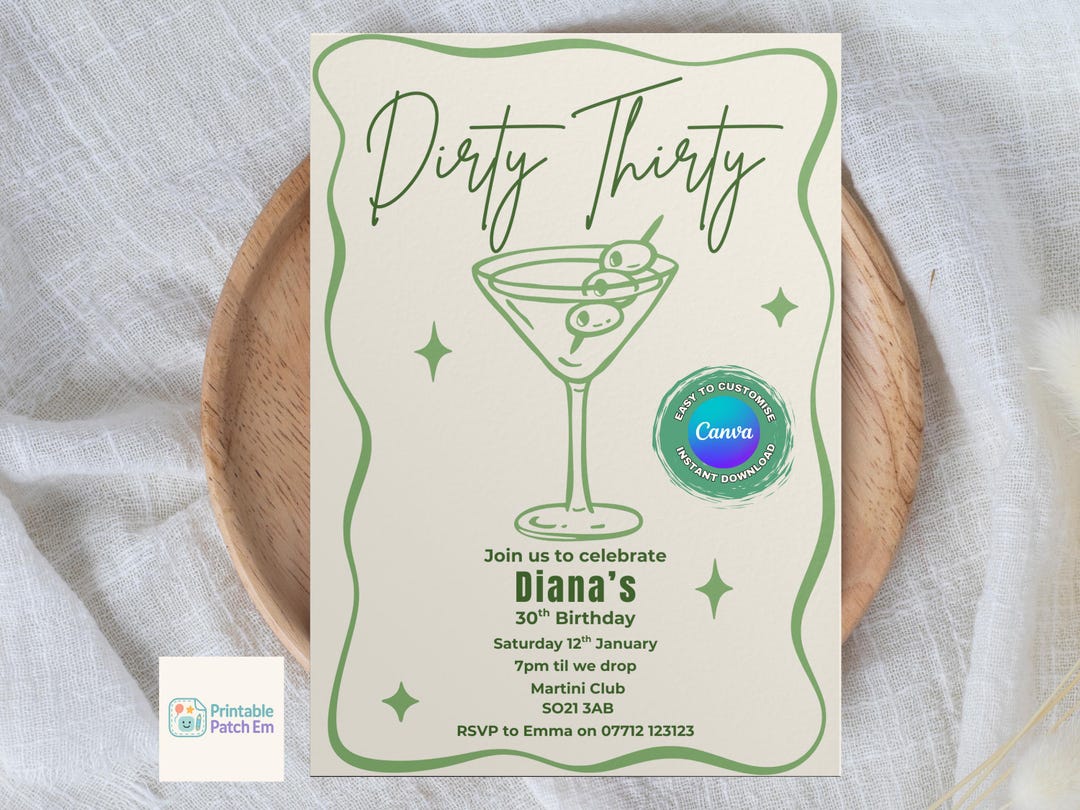 Dirty Thirty Invitation, 30th Birthday Martini Editable Invite, Canva ...